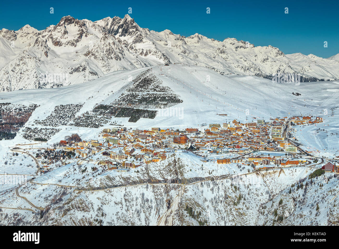Majestic winter landscape and mountain ski resort with spectacular ...