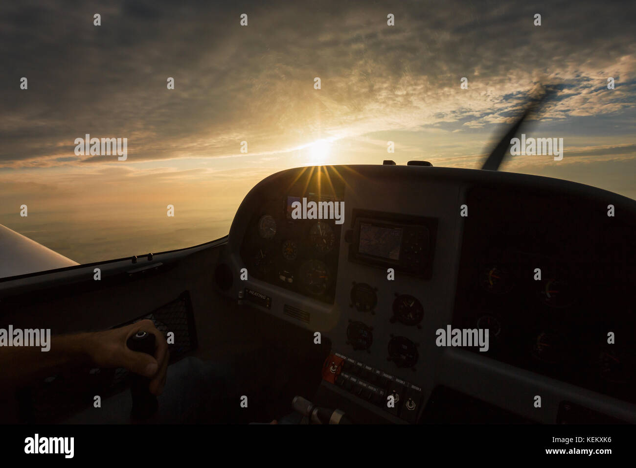 View from the cockpit of a light private plane while performing a ...