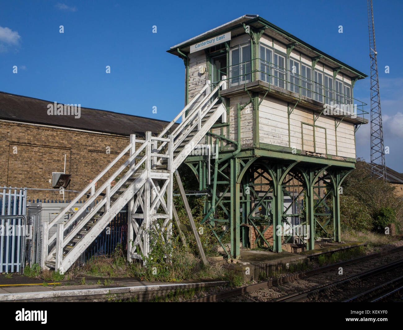 A Victorian signal box at Canterbury East train station in Kent ...