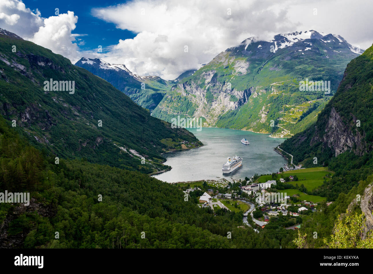 Geirangerfjord view from above with cruise ships and mountains Stock ...