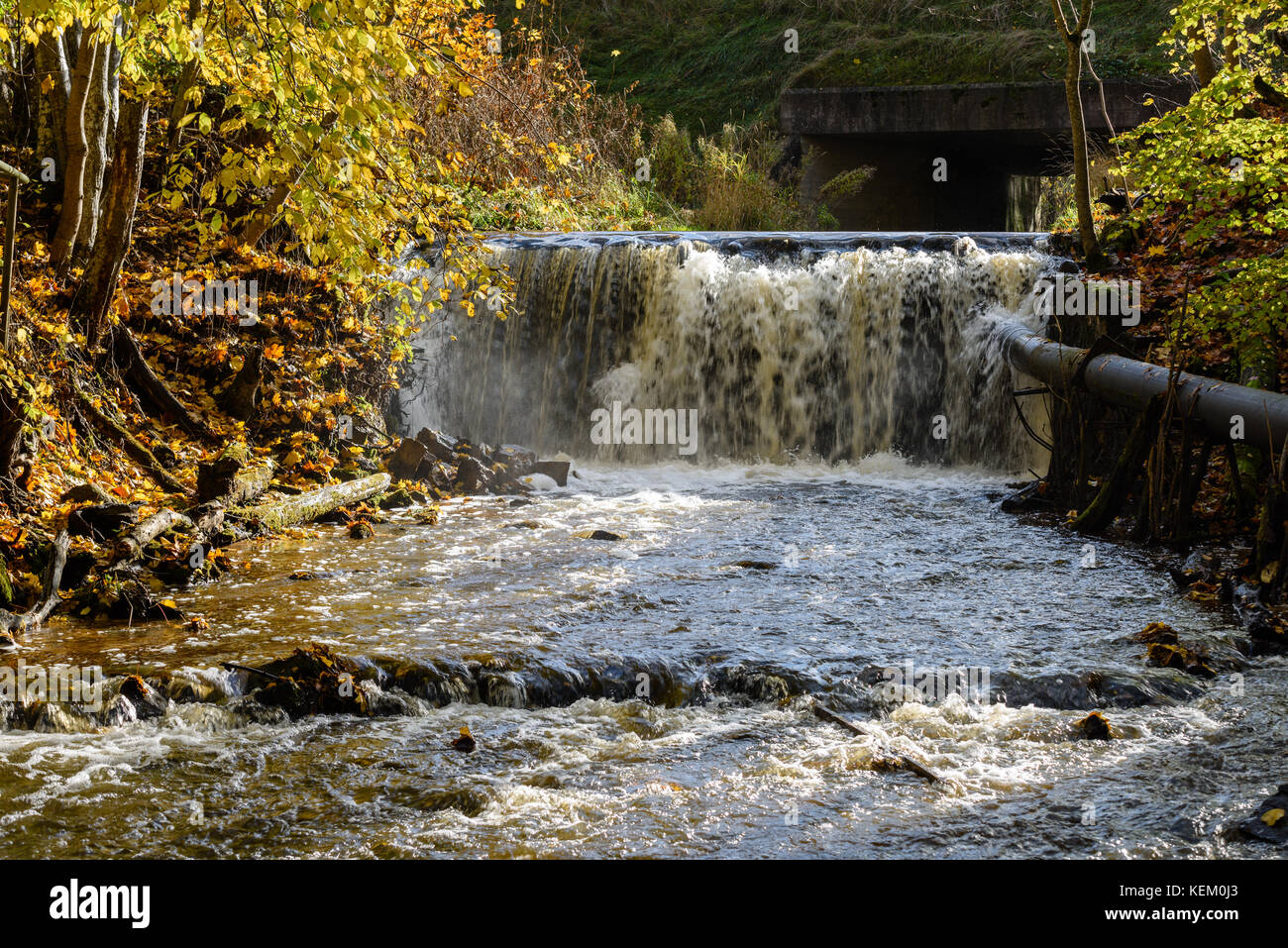 Waterfall from ravine in autumn, long exposure, in mountain river with ...