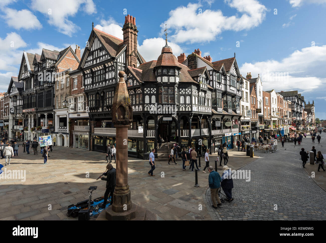Chester High Cross and Chester Rows in the historic centre of Chester ...