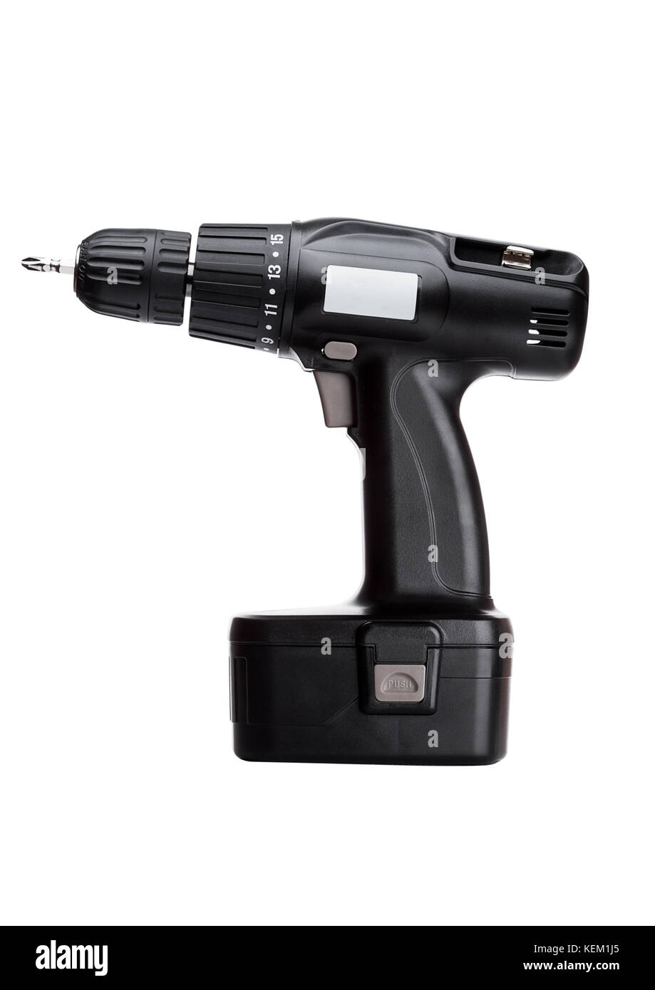 Black cordless drill with battery and drill bit on white background ...