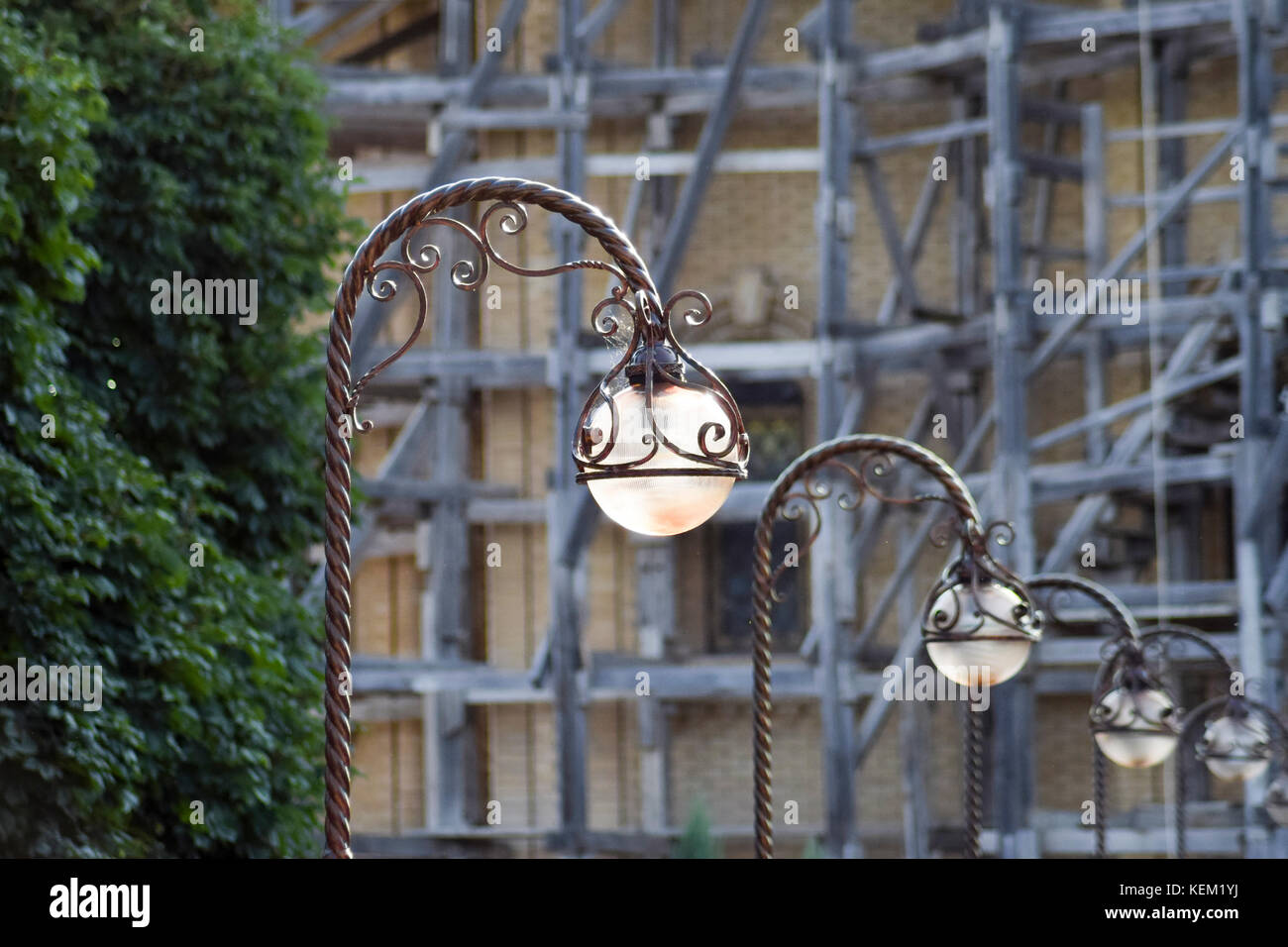 Street lights on the background of scaffolding. Street lighting Stock ...