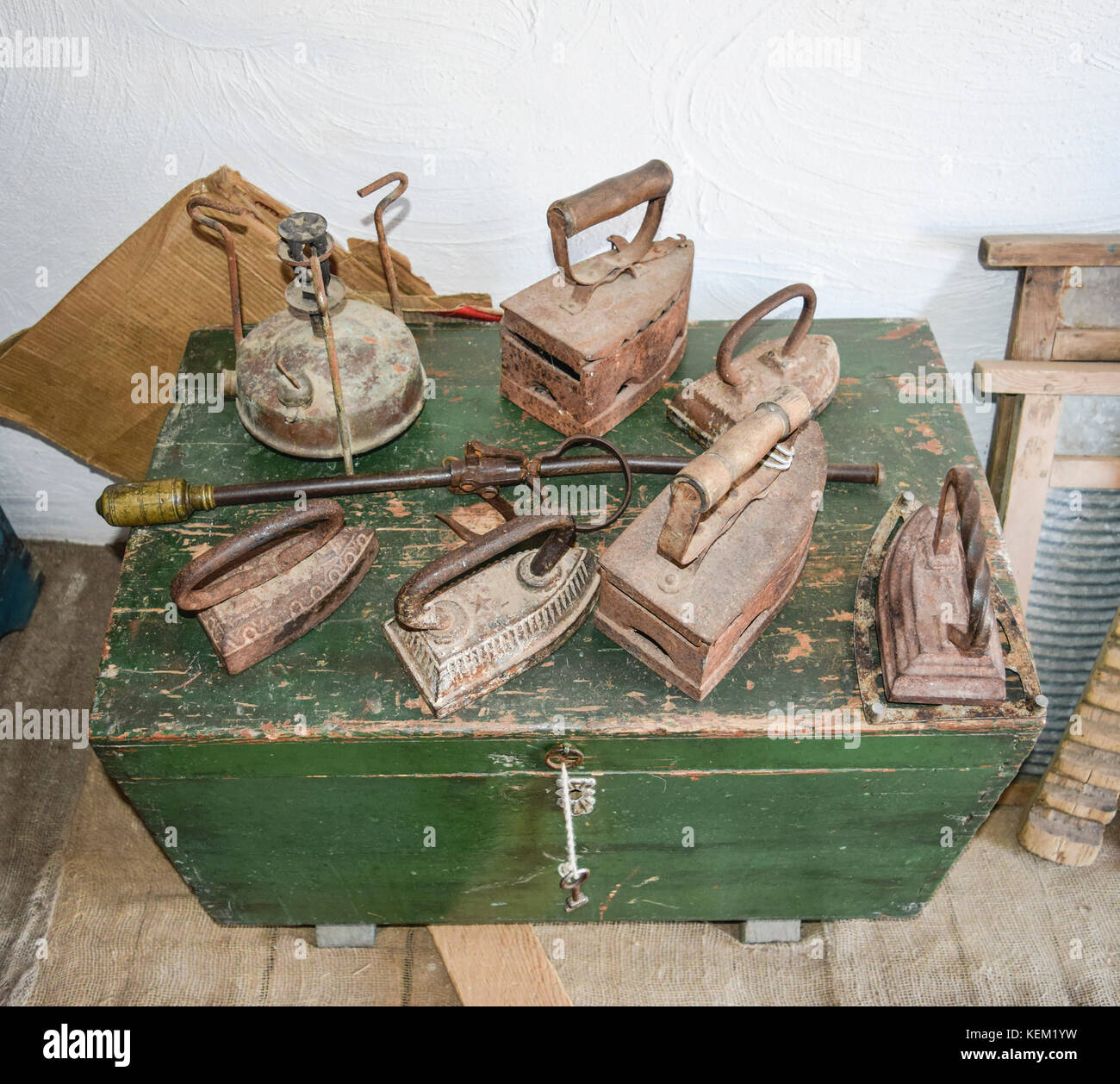 Ancient irons on a timber floor. Reconstruction of life of Cossacks of ...