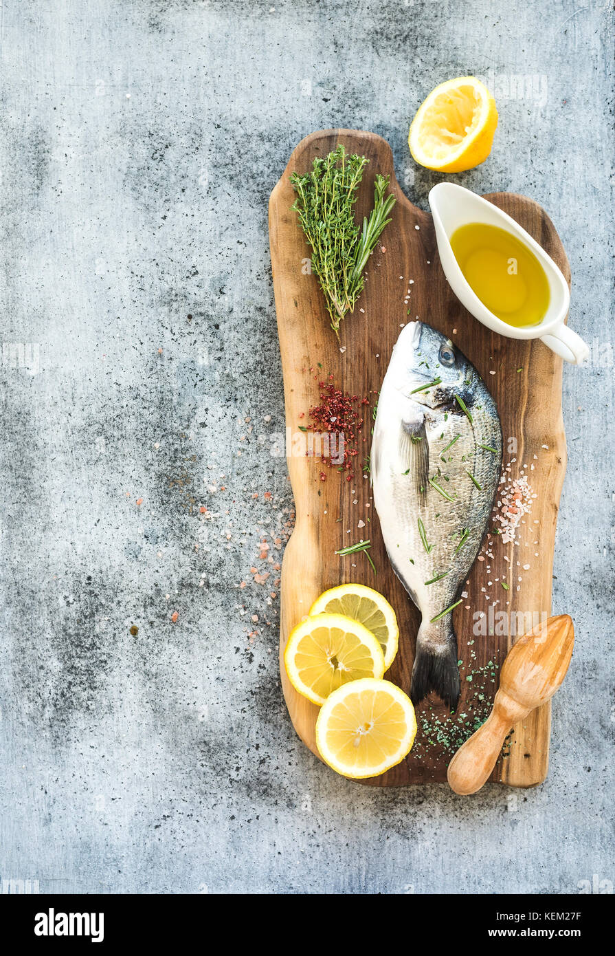 Herbs spices top view with copy space over stone table hi-res stock ...
