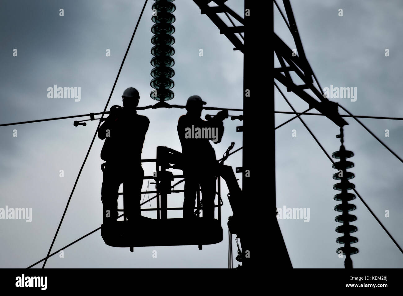 Power line support, insulators and wires. Appearance of a design ...