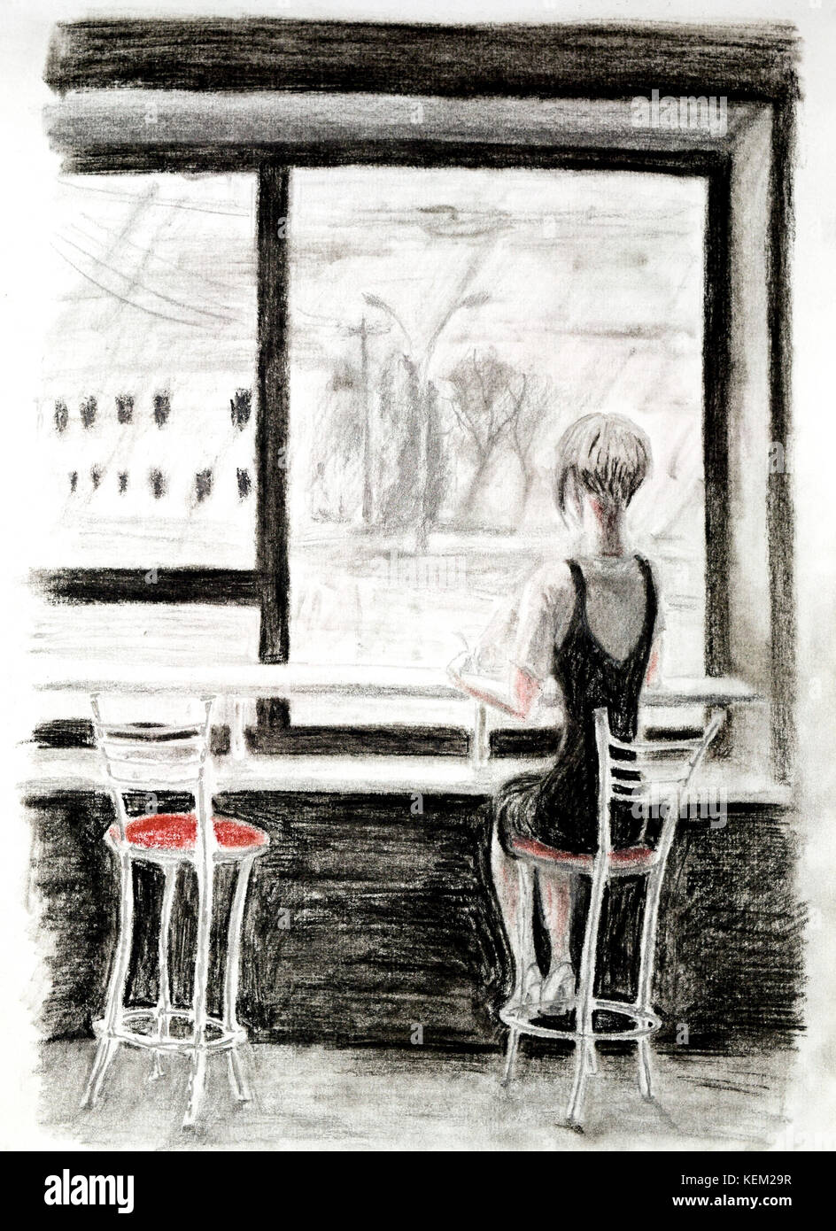 The girl sitting on a chair at a bar counter near a window. The ...