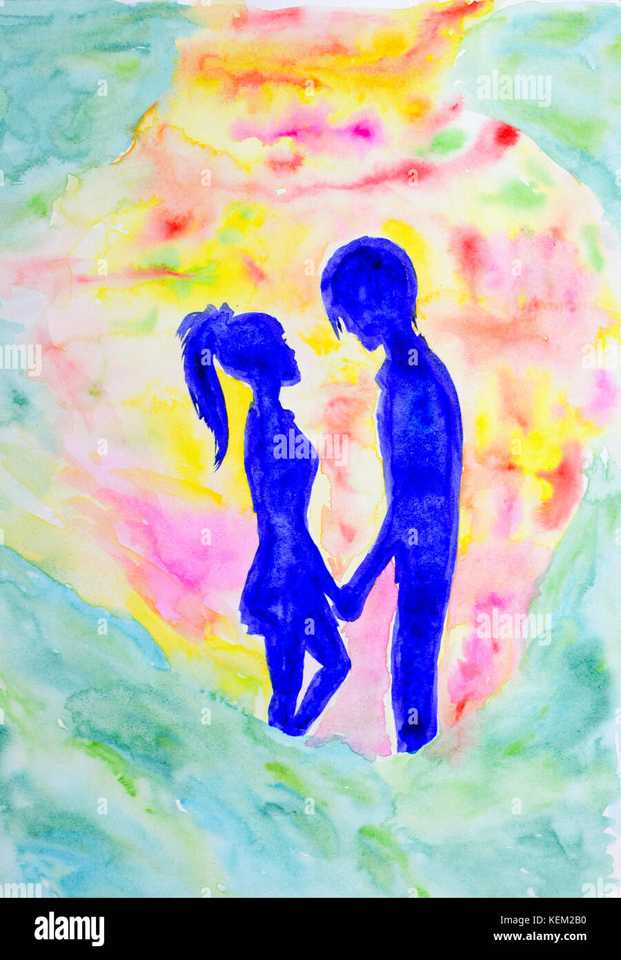 Blue silhouette guy and girl who look at each other. Lovers views ...