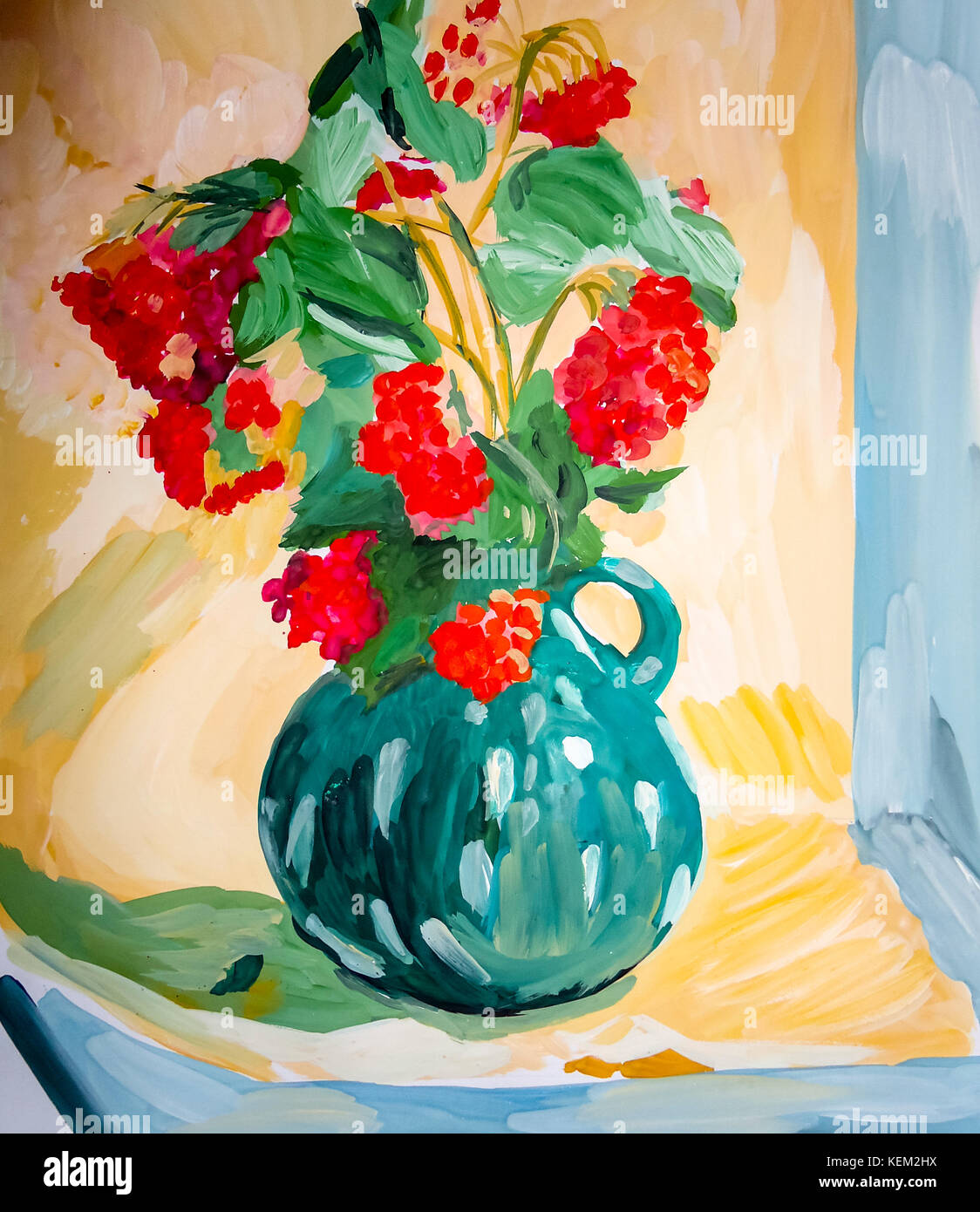 Still life. A painting depicting a still life, a vase with flowers ...