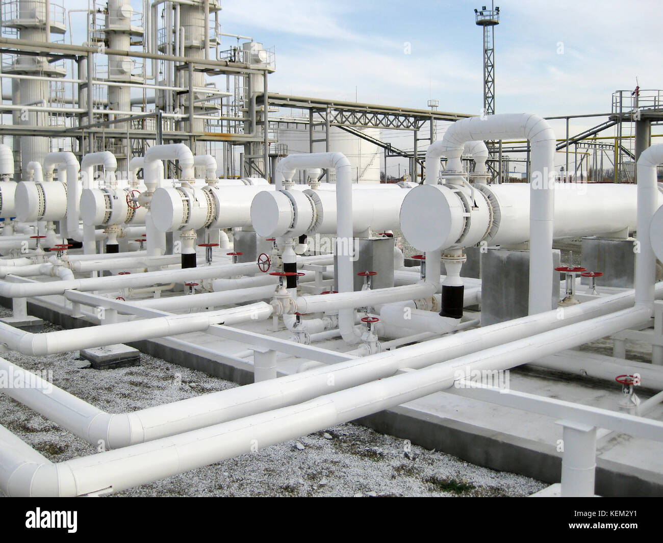 Heat exchangers in a refinery. The equipment for oil refining Stock ...
