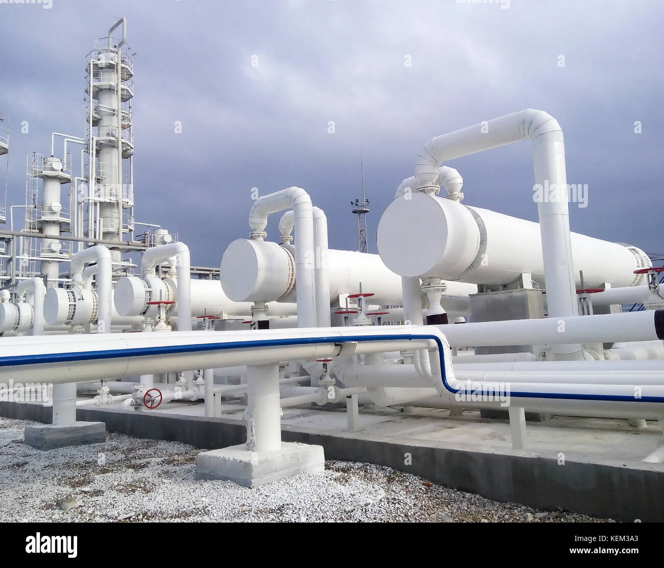 Heat exchangers in a refinery. The equipment for oil refining Stock ...