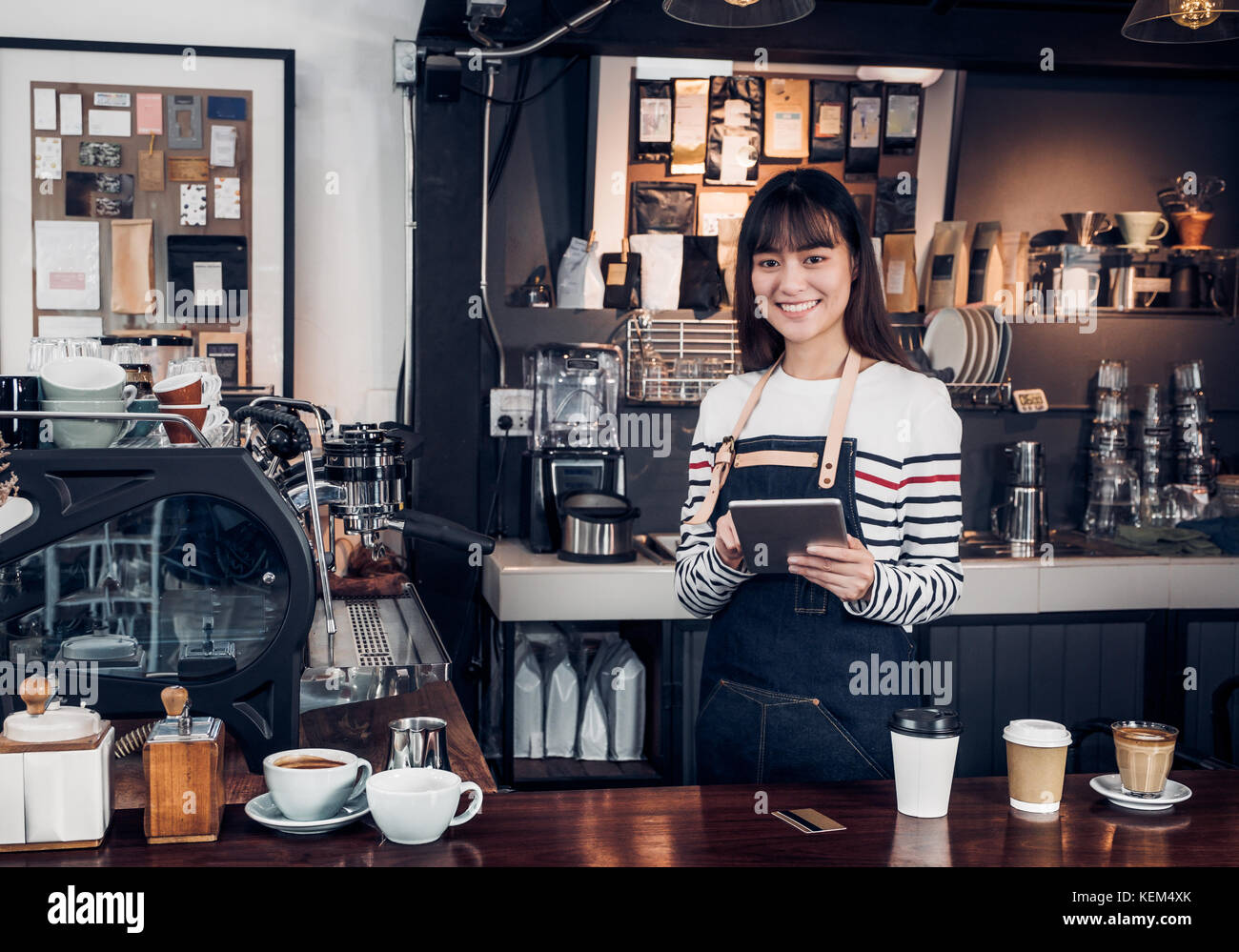 woman barista take order with tablet,asia female waitress using digital ...