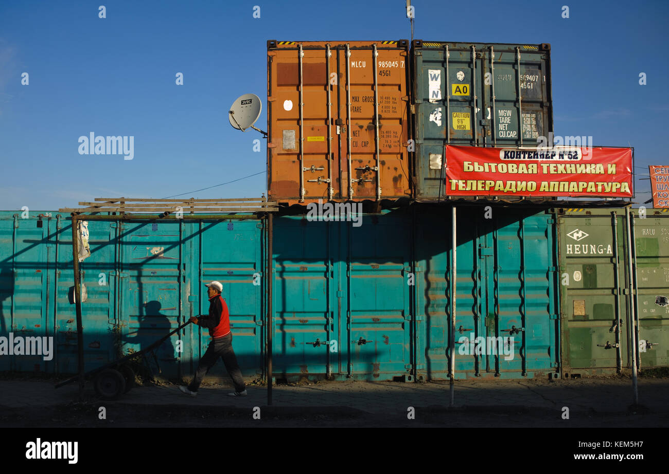 Containers used as shops and warehouses in the Karakol market ...