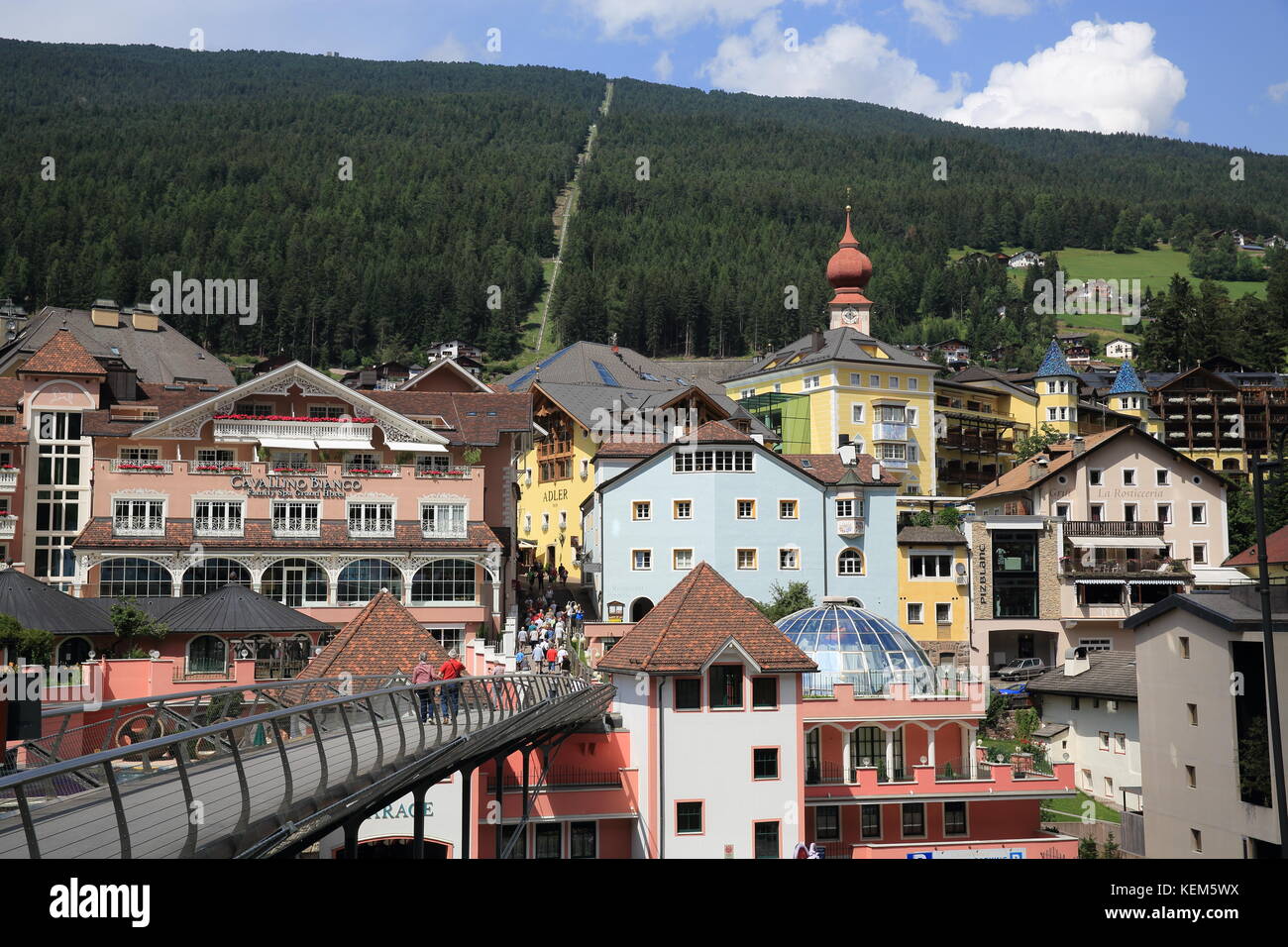 Summer in the village of Ortisei, in Val Gardena, in the South Tyrol ...