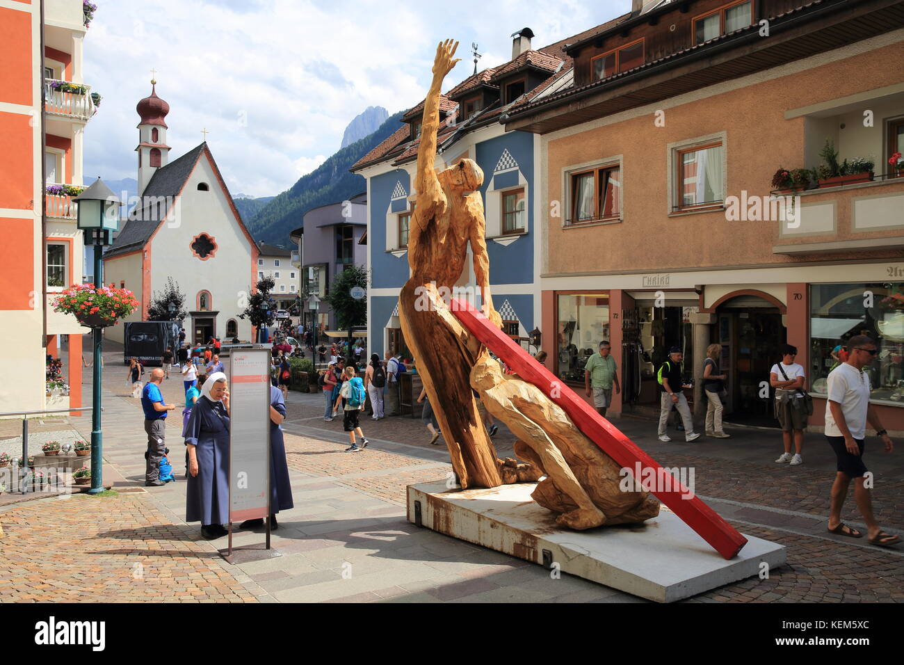 Summer in the village of Ortisei, in Val Gardena, the Dolomites, in the ...