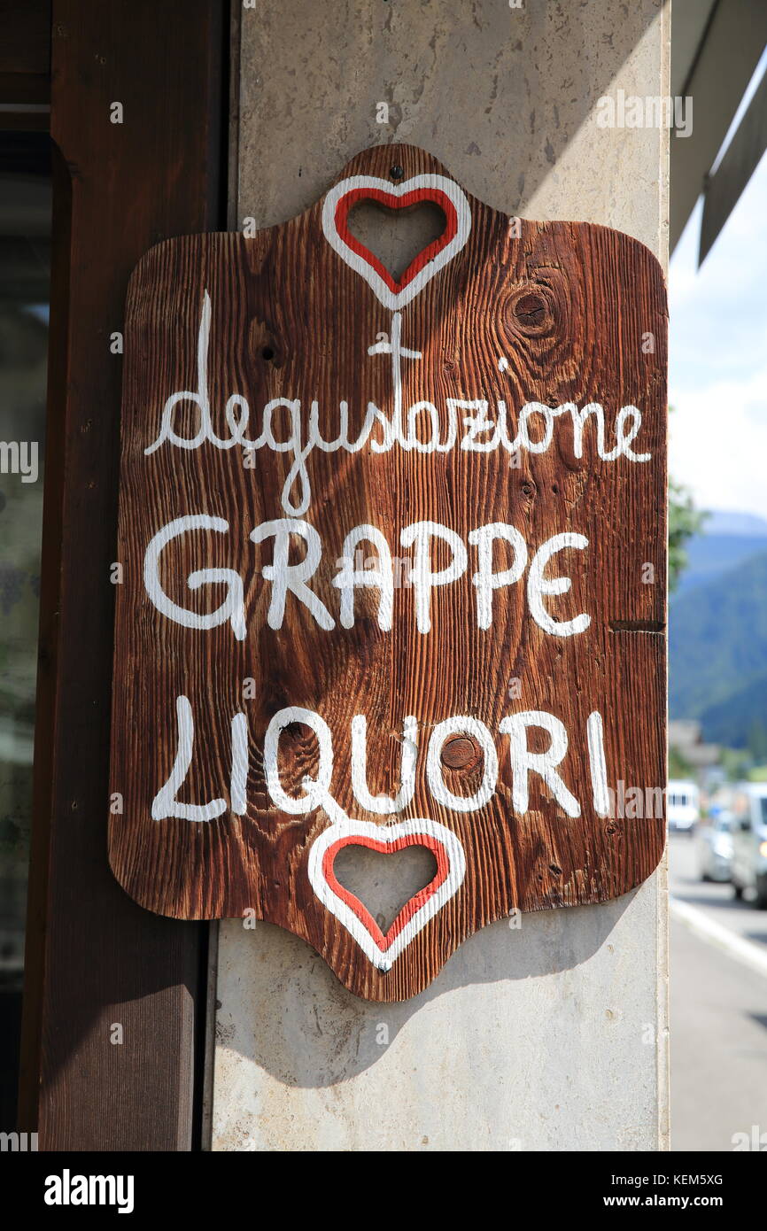 Grappe sign outside a bar in the village of Ortisei, in Val Gardena, in ...