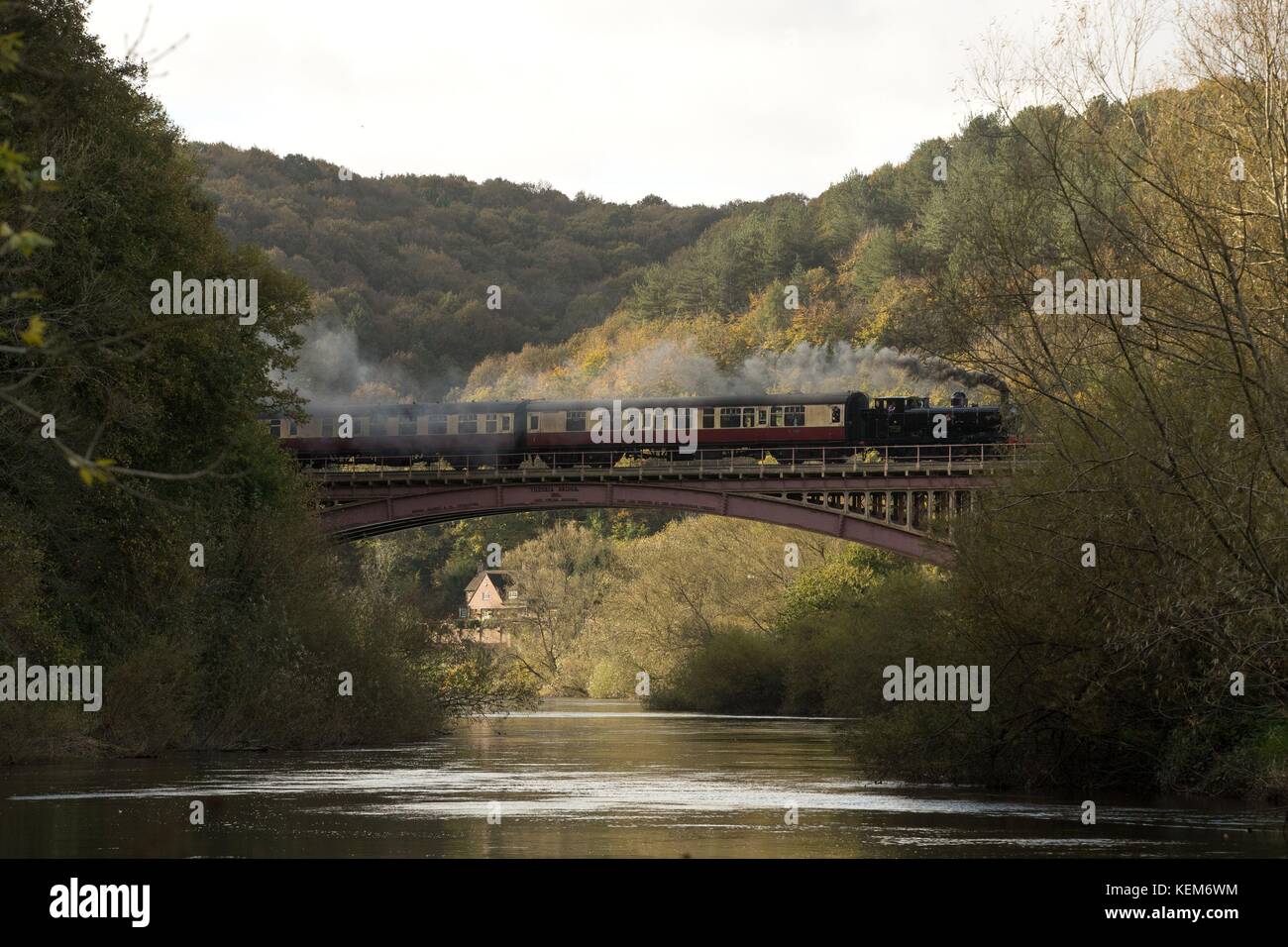 A steam engine train crosses over the Victoria Bridge on the Severn ...