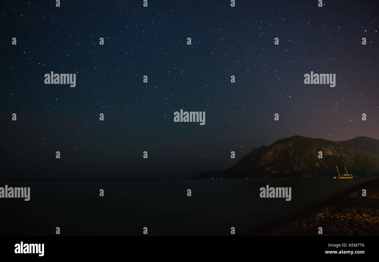 Night starry sky at the sea coast in Cirali, Turkey - landscape ...