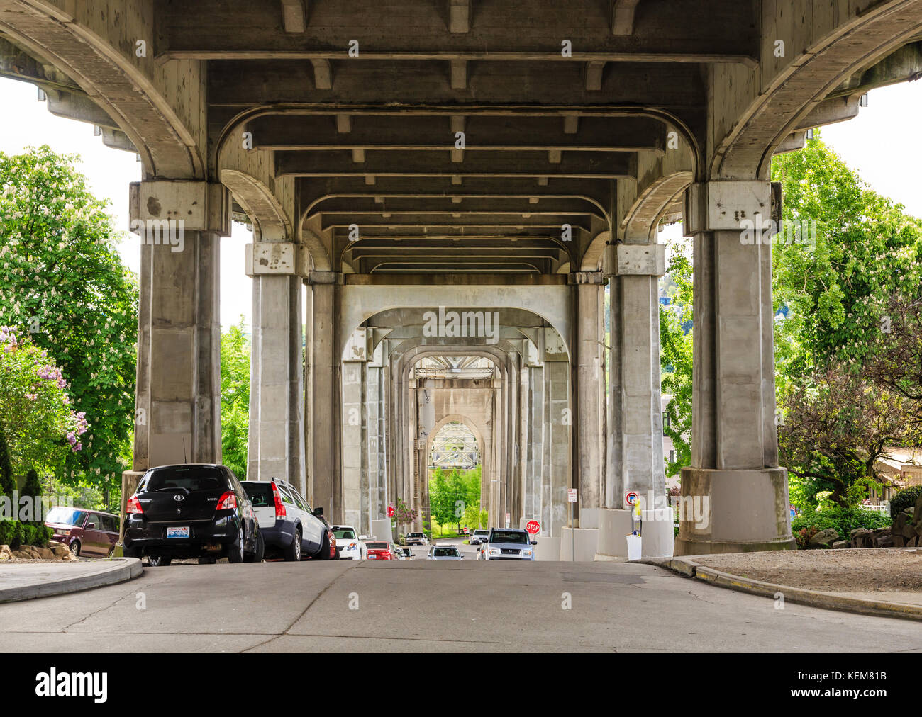 Underside of Concrete Bridge into the Distance Stock Photo - Alamy