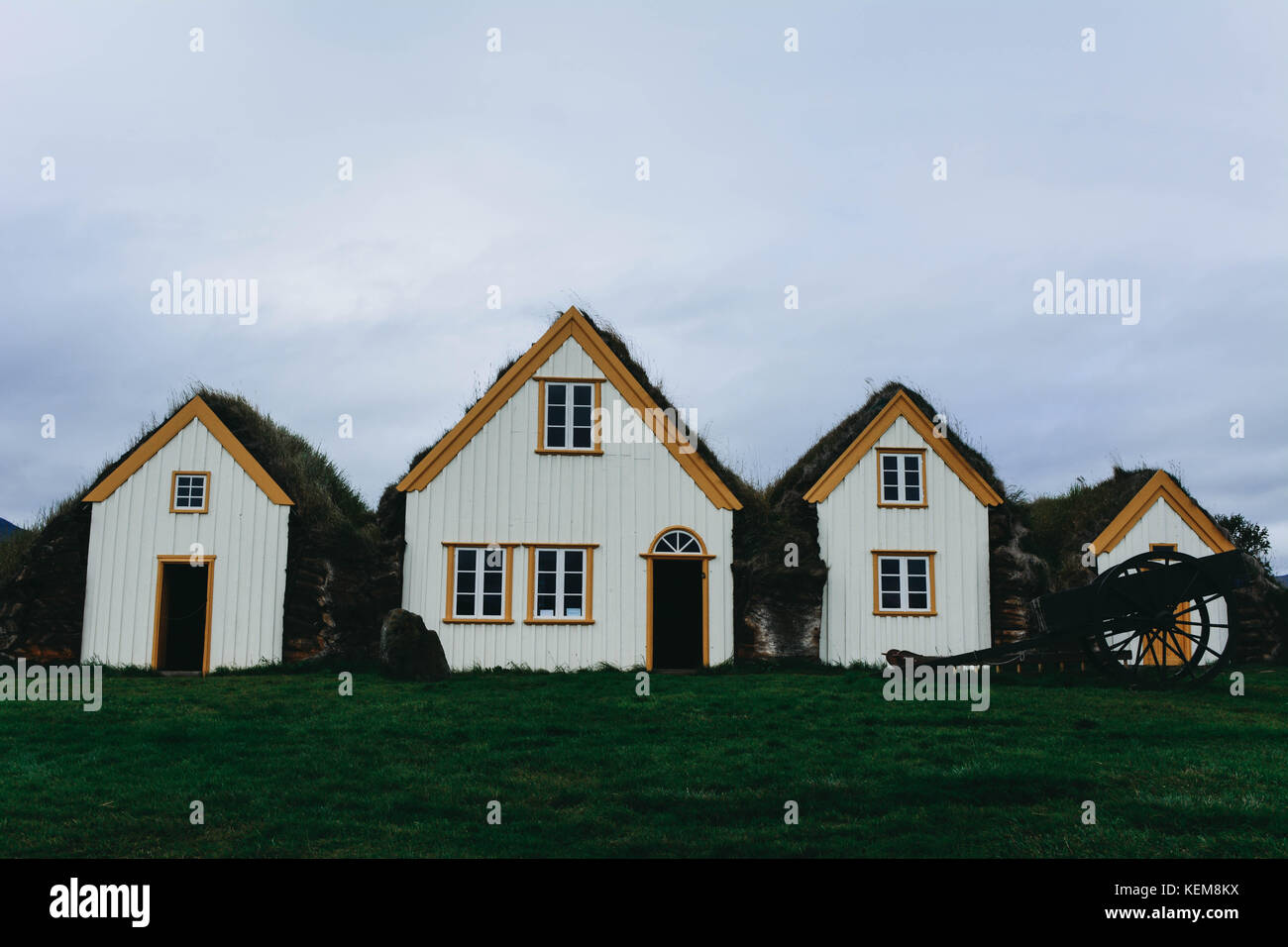Typical small houses in Iceland. Old architecture with grassy roof ...