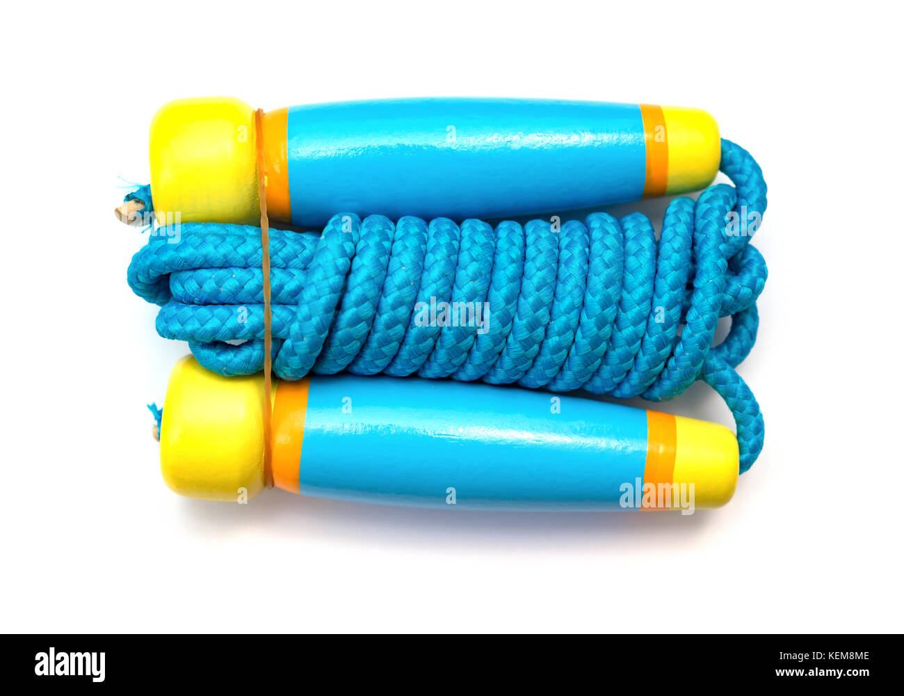 blue skipping rope with wooden handles on white background Stock Photo ...