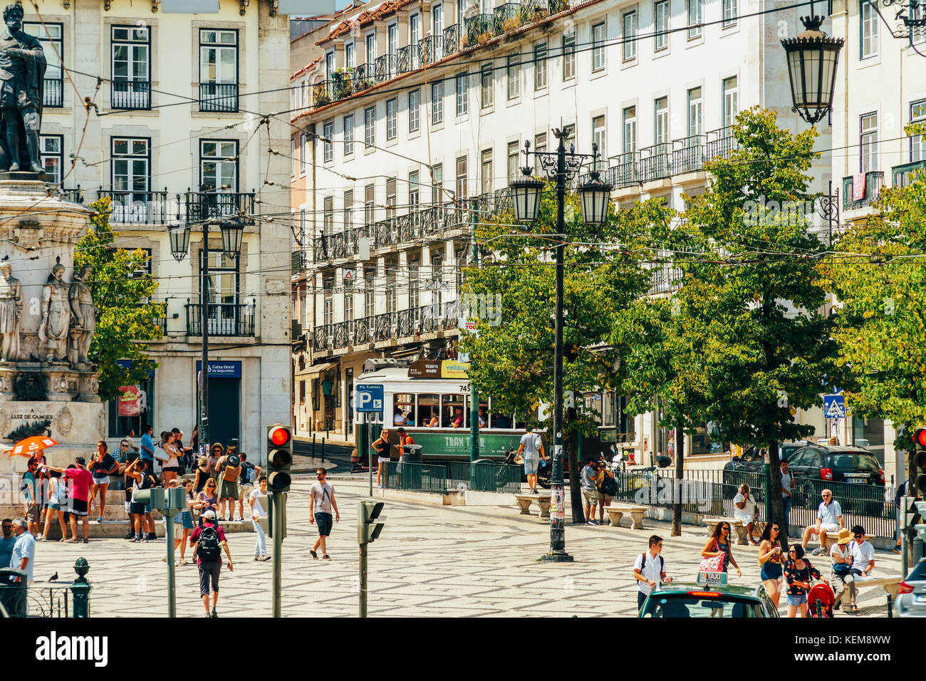 LISBON, PORTUGAL - AUGUST 12, 2017: Tourists exploring square of Luis ...