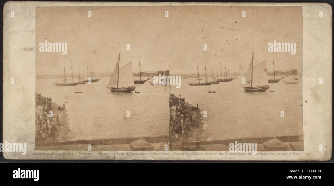 View in New York Harbor. Sloop sailing rapidly with reefed mainsail, by ...