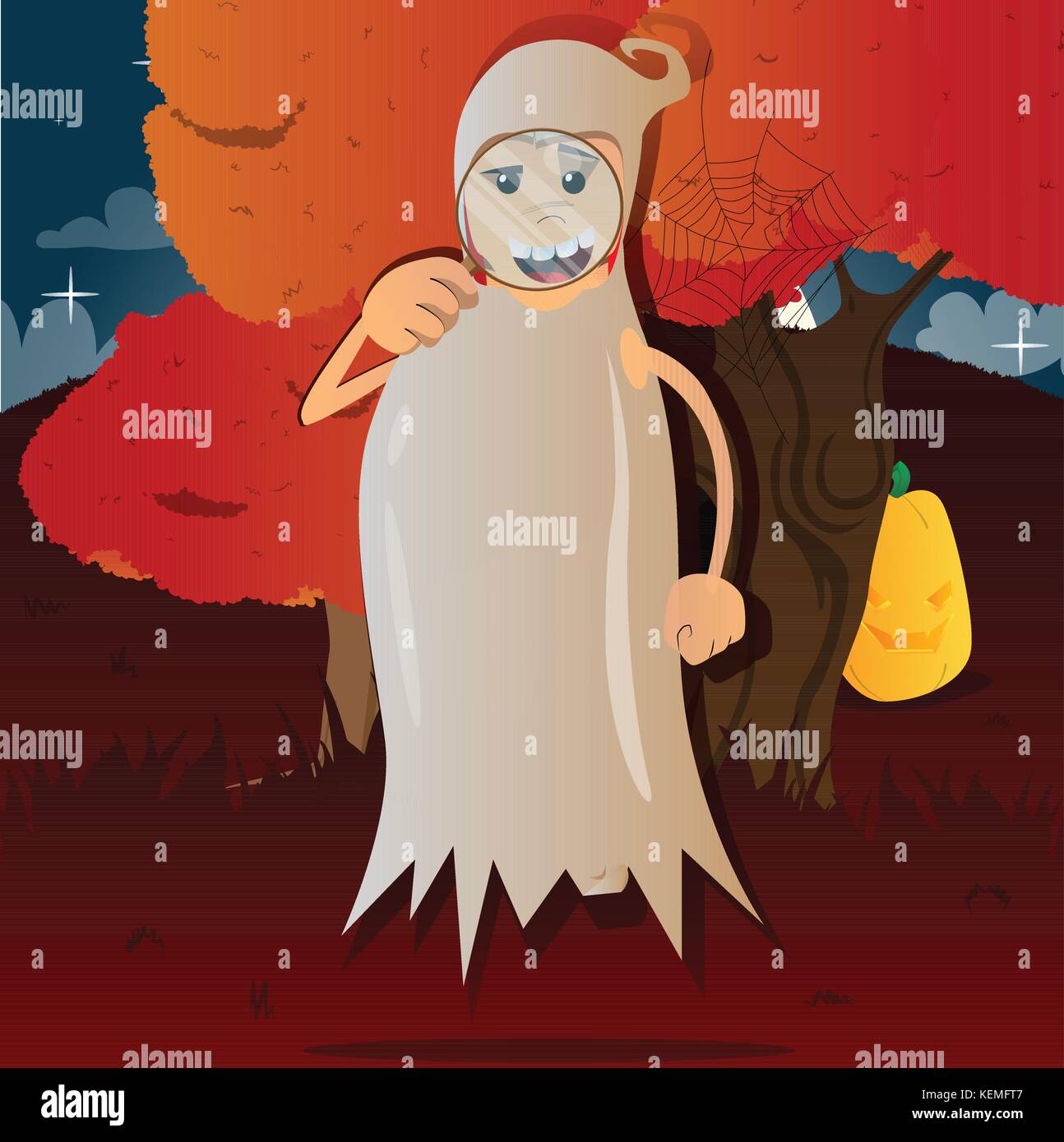 Halloween ghost with a magnifying glass. Vector cartoon illustration ...