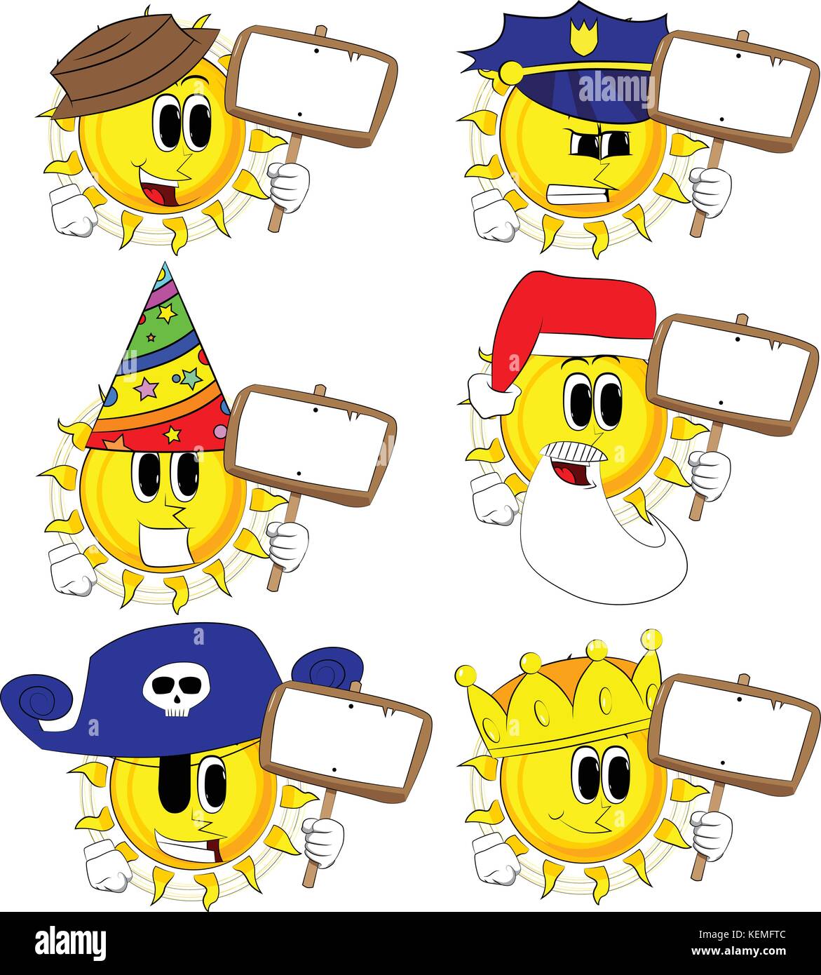 Cartoon sun holding blank sign. Collection with costume. Expressions ...