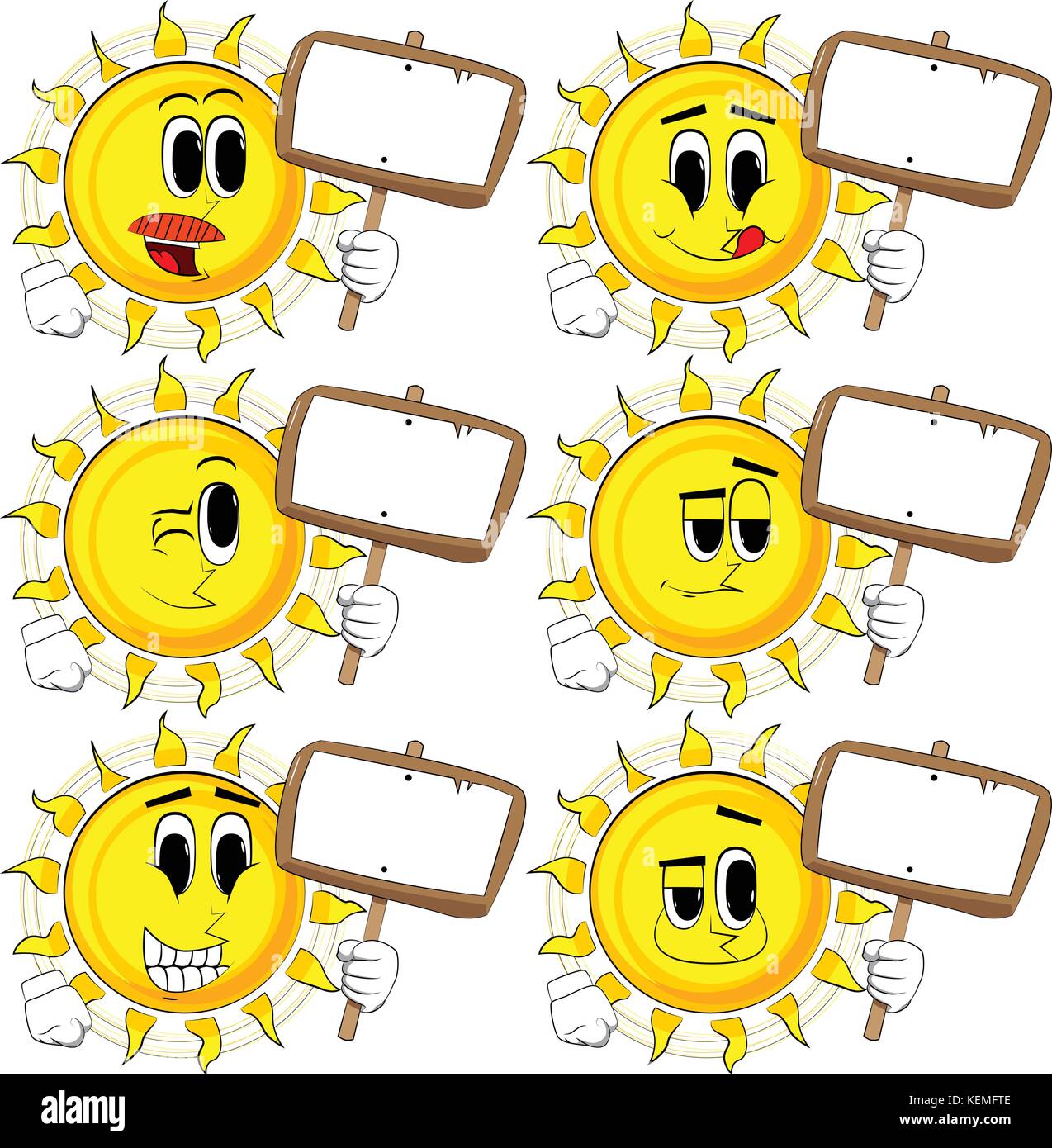 Cartoon sun holding blank sign. Collection with happy faces ...