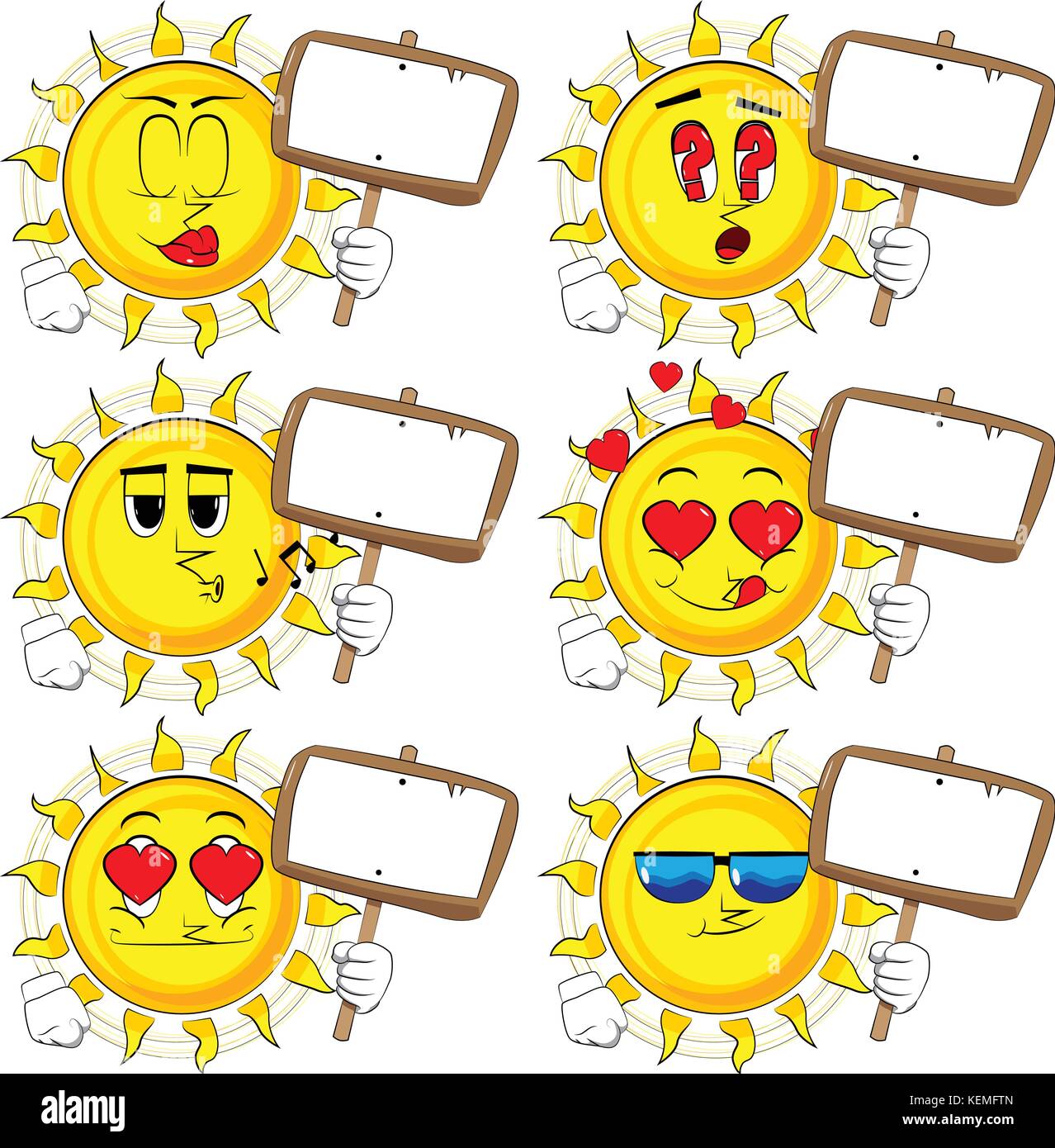 Cartoon sun holding blank sign. Collection with various facial ...