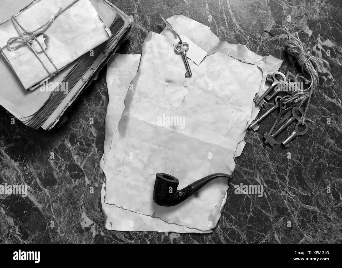 papers and book on detective work table with tools Stock Photo - Alamy