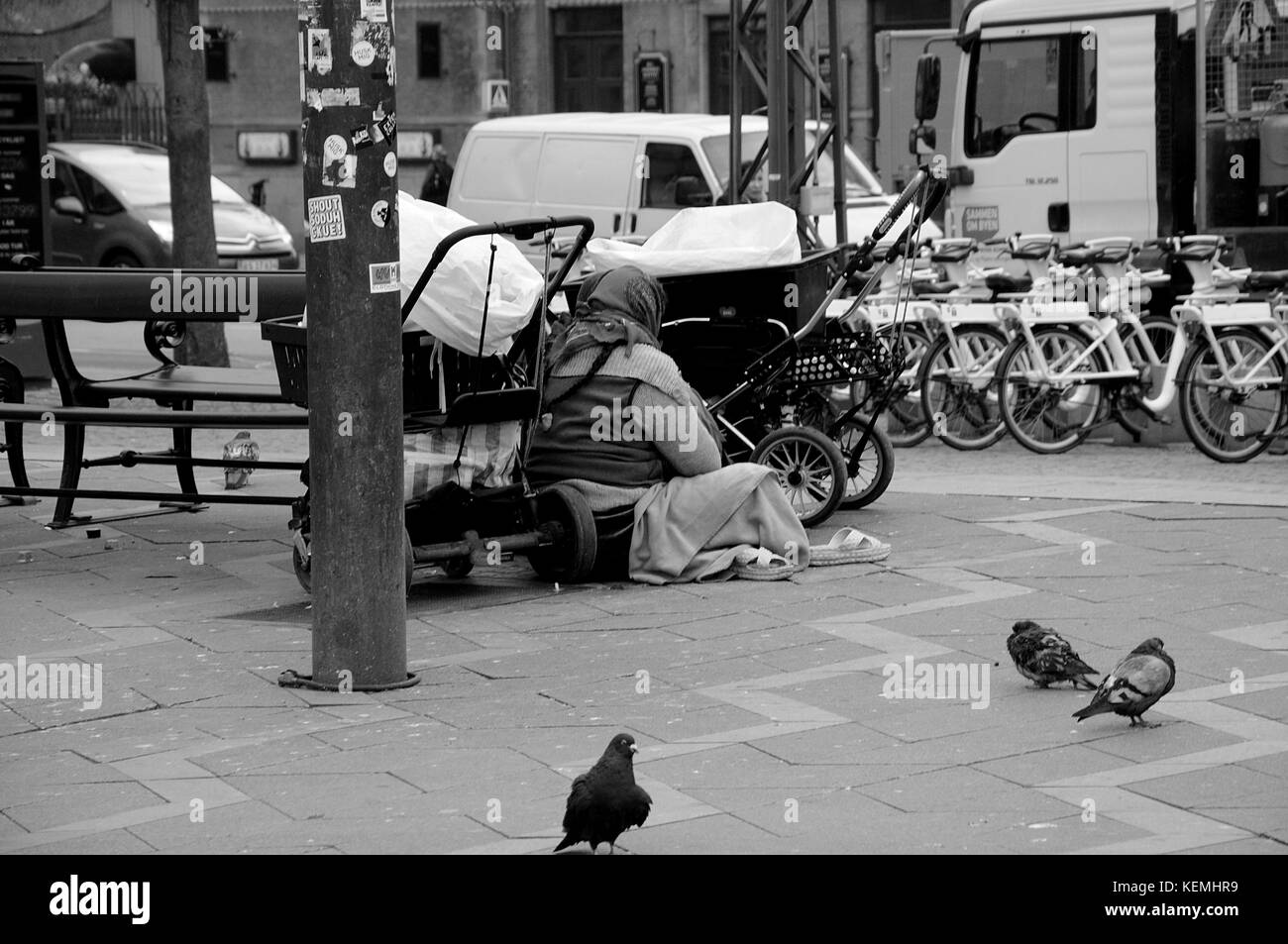Copenhagen Denmark 10 .April 2017 Homeless gypsy life on cold floor ...