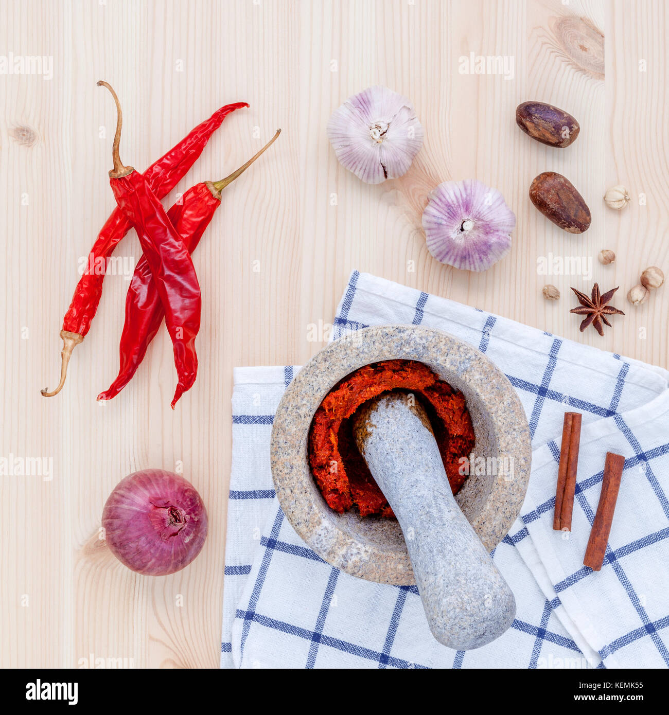 Assortment of spices ingredients and paste of thai popular food red ...