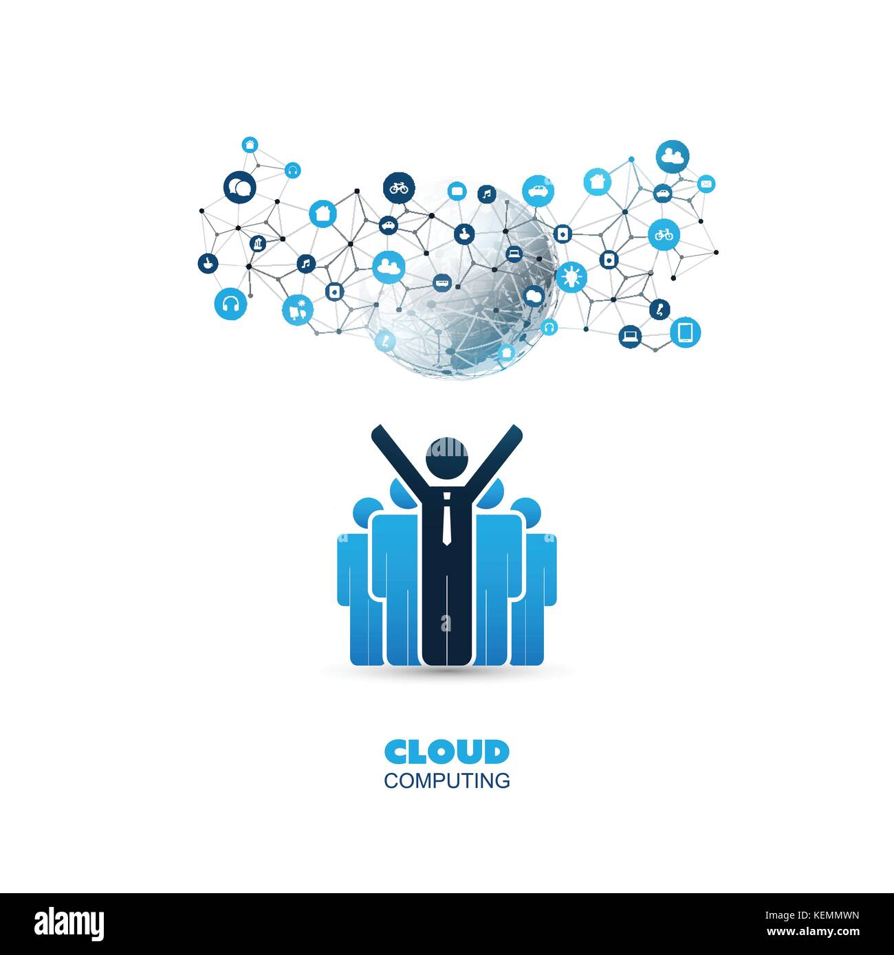 Cloud Computing Design Concept with Standing Happy Business Men and Icons - Digital Network ...