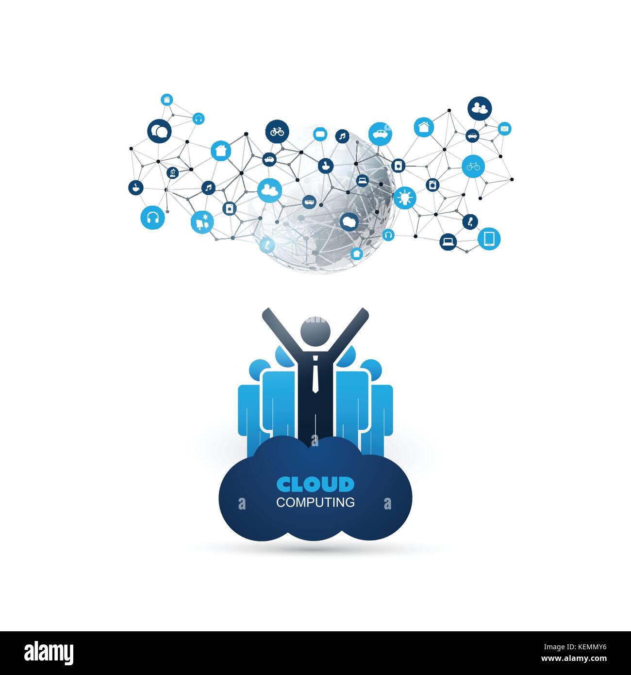 Cloud Computing Design Concept with Standing Happy Business Men and Icons - Digital Network ...