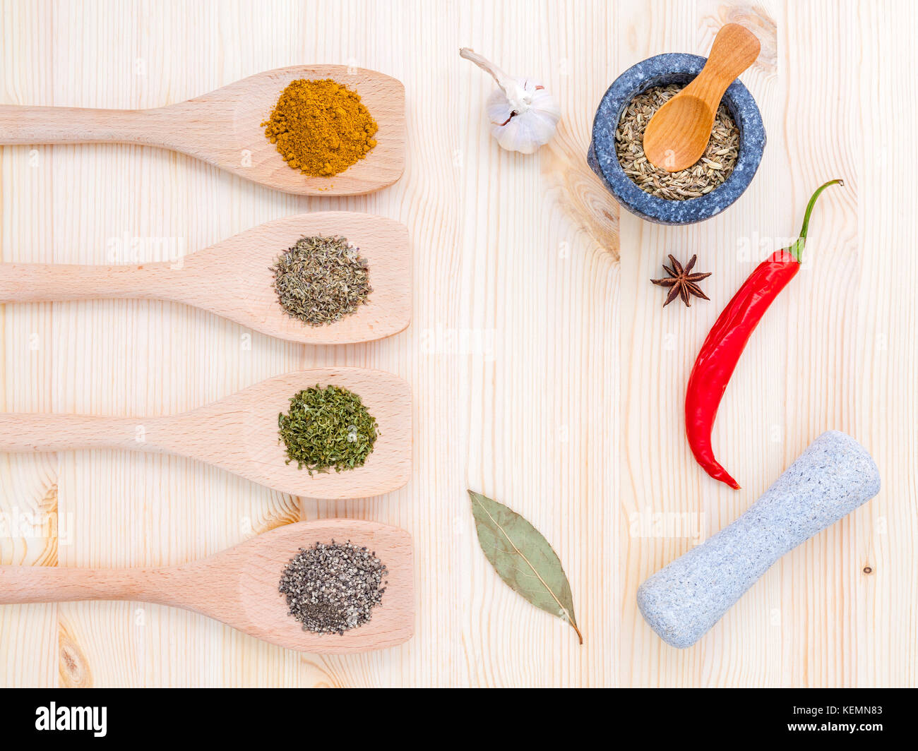 Food Cooking ingredients. Dried Spices herb bay leaves,turmeric,chili ...