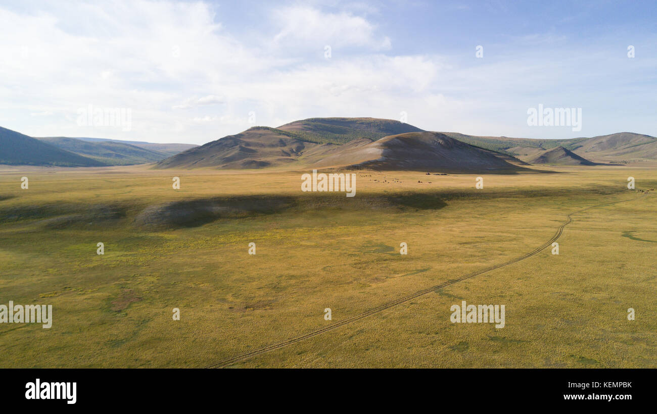 Aerial view from a drone of a vast mountain landscape in northern ...
