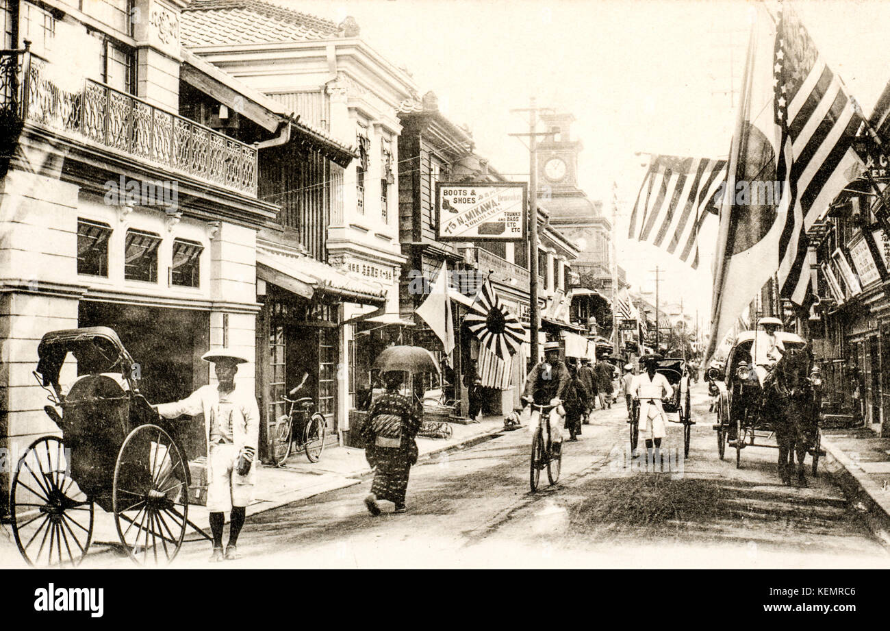 Japan, Yokohama. Vintage, circa 1900, black and white postcard of busy ...