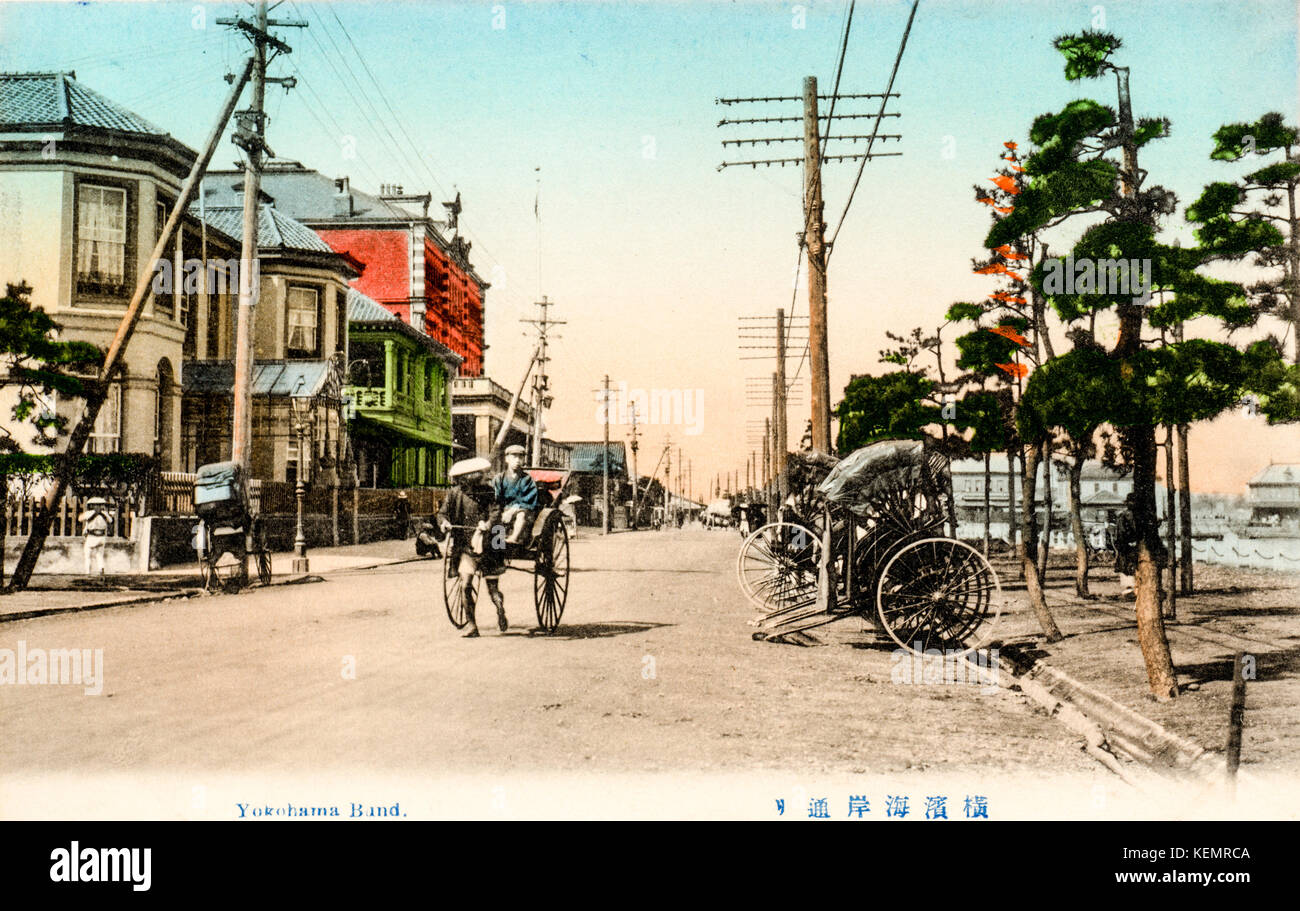 Japan, Yokohama. Vintage, circa 1900, hand coloured postcard of the ...