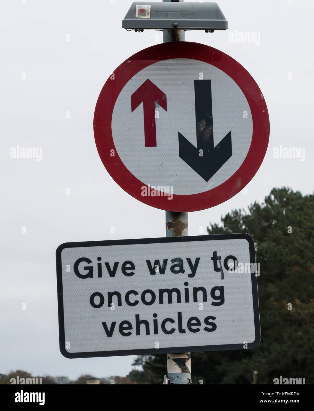UK Highways Road Traffic Sign indicating oncoming traffic has priority ...