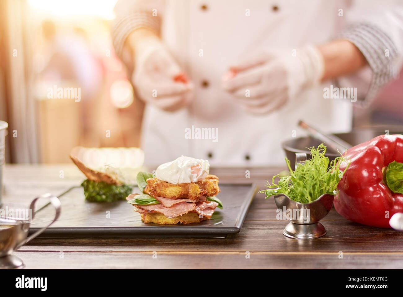 Chef cooking benedict in restaurant. Delicious benedict, fresh ...
