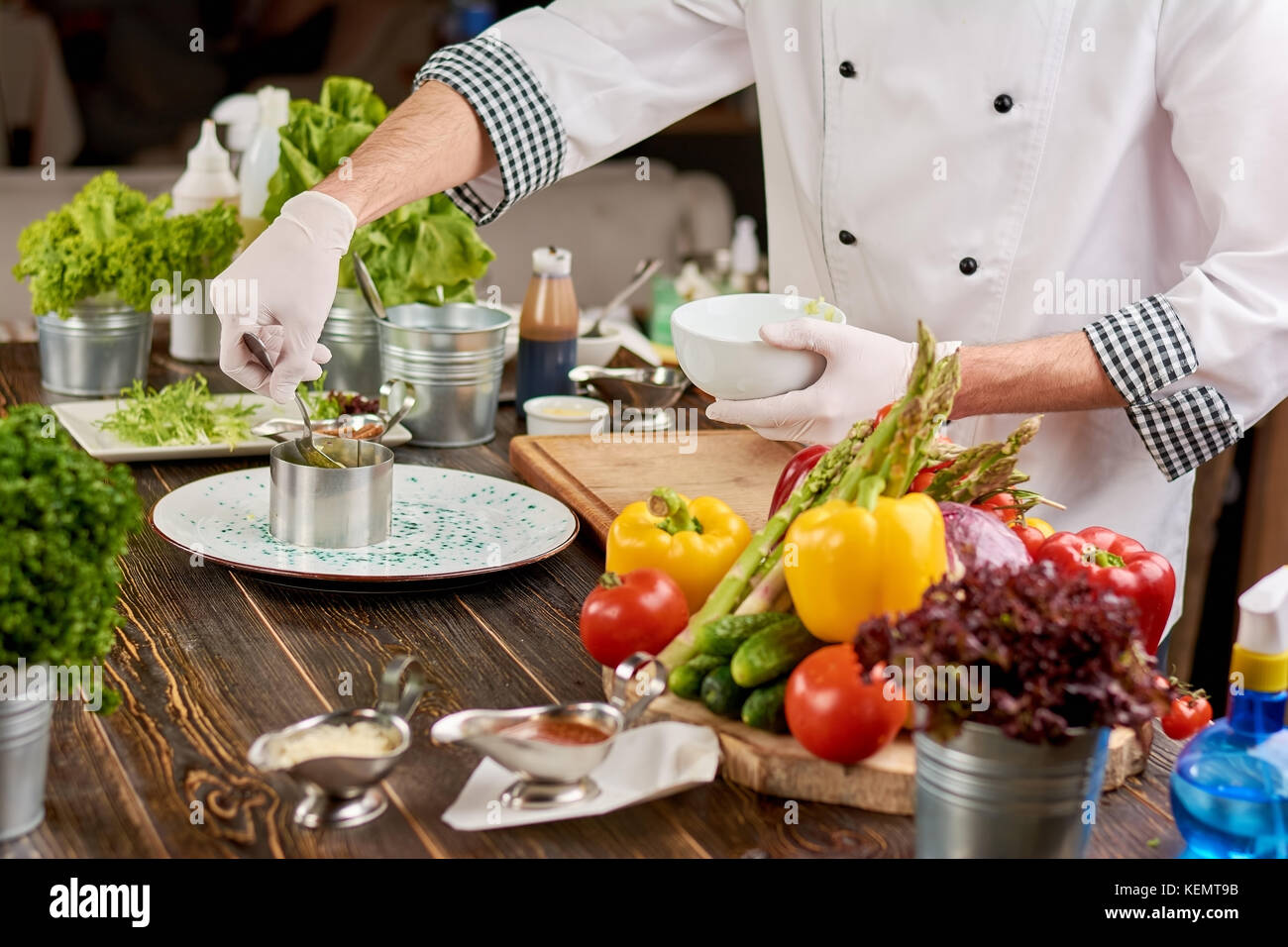 The process of cooking food at kitchen. Chef preparing food from fresh ...
