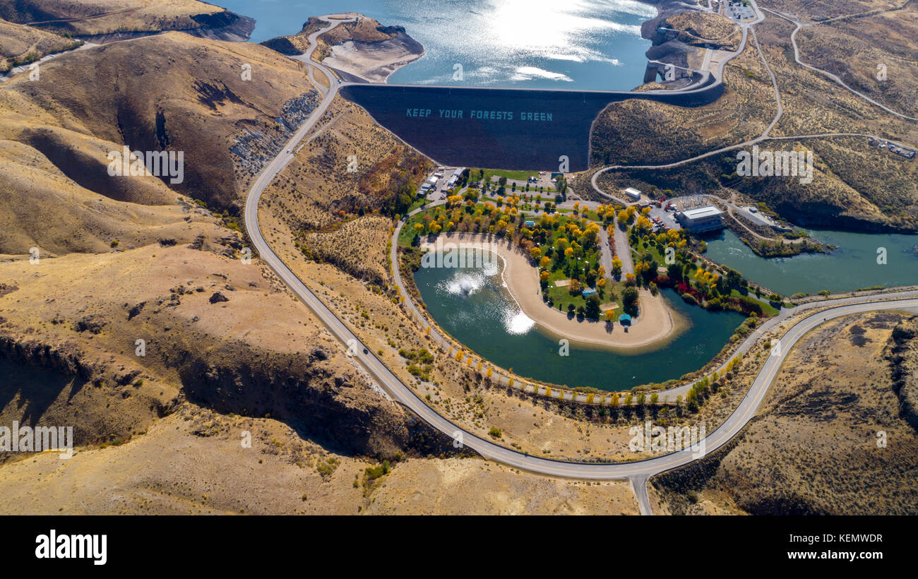 Fall colors in a public park at the base of a hydroelectric dam in ...