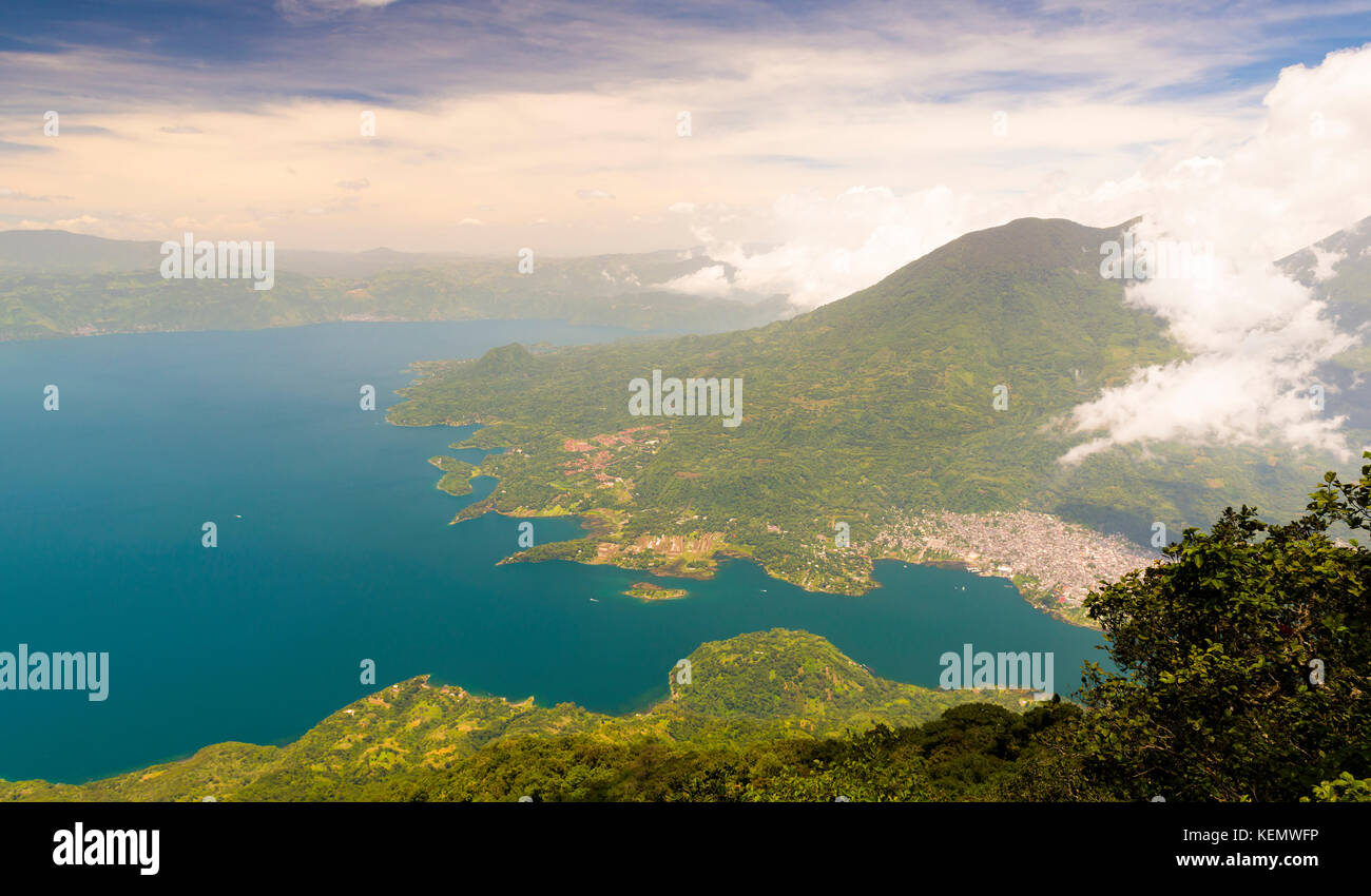 Aerial view of Lake Atitlan from the summit of volcano San Pedro ...