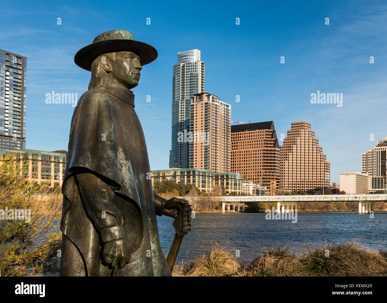Stevie Ray Vaughan statue in front of downtown Austin and the Colorado ...