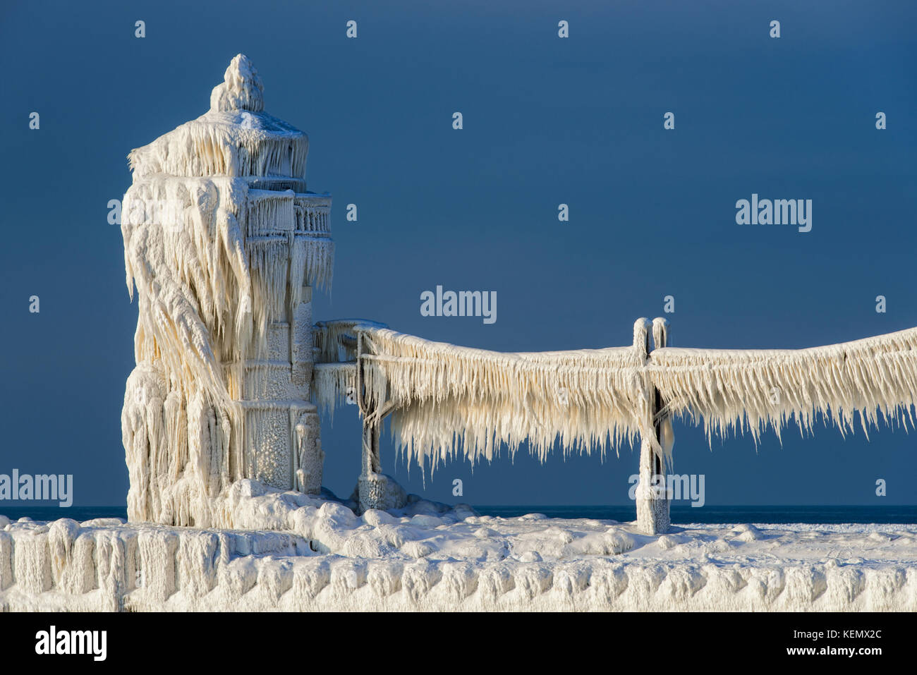 Ice accumulates on the St. Joseph North Pier Lighthouse in Saint Joseph ...