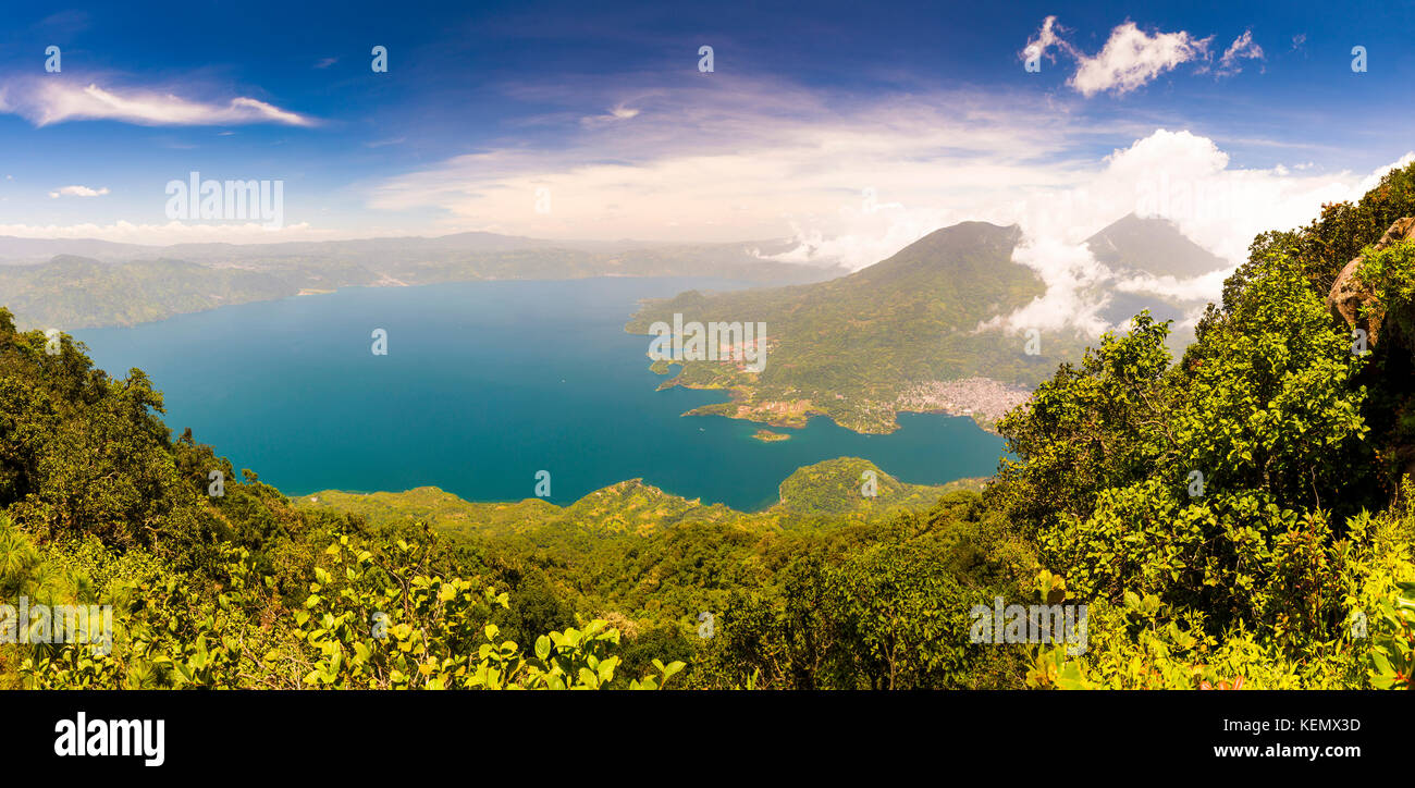 Panoraramic view of Lake Atitlan from the summit of volcano San Pedro ...