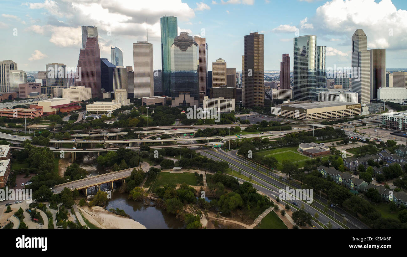 Aerial view of downtown Houston skyline building city, after Harvey ...